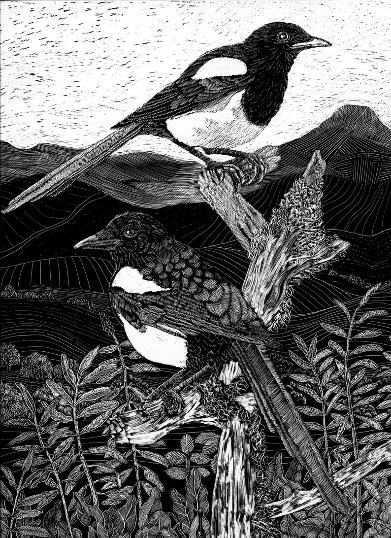Art Card: Magpies on a Stump From Original Scraperboard - Etsy