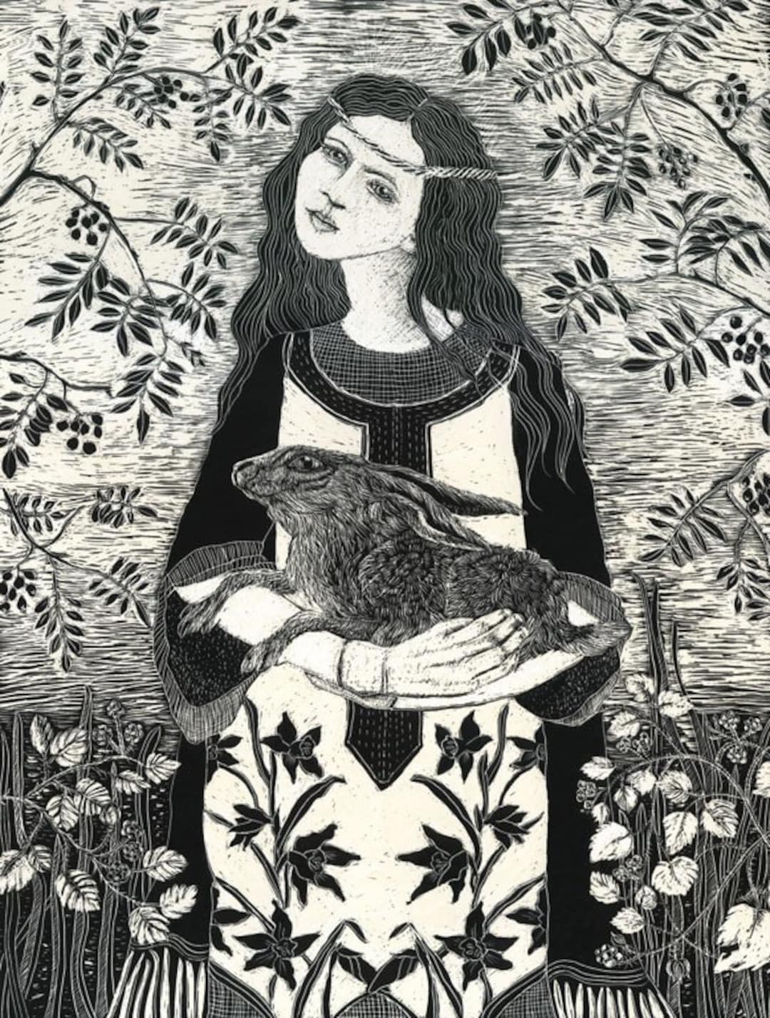 St Melangell Art Print: Woman With Hare, Scraperboard Style - Etsy