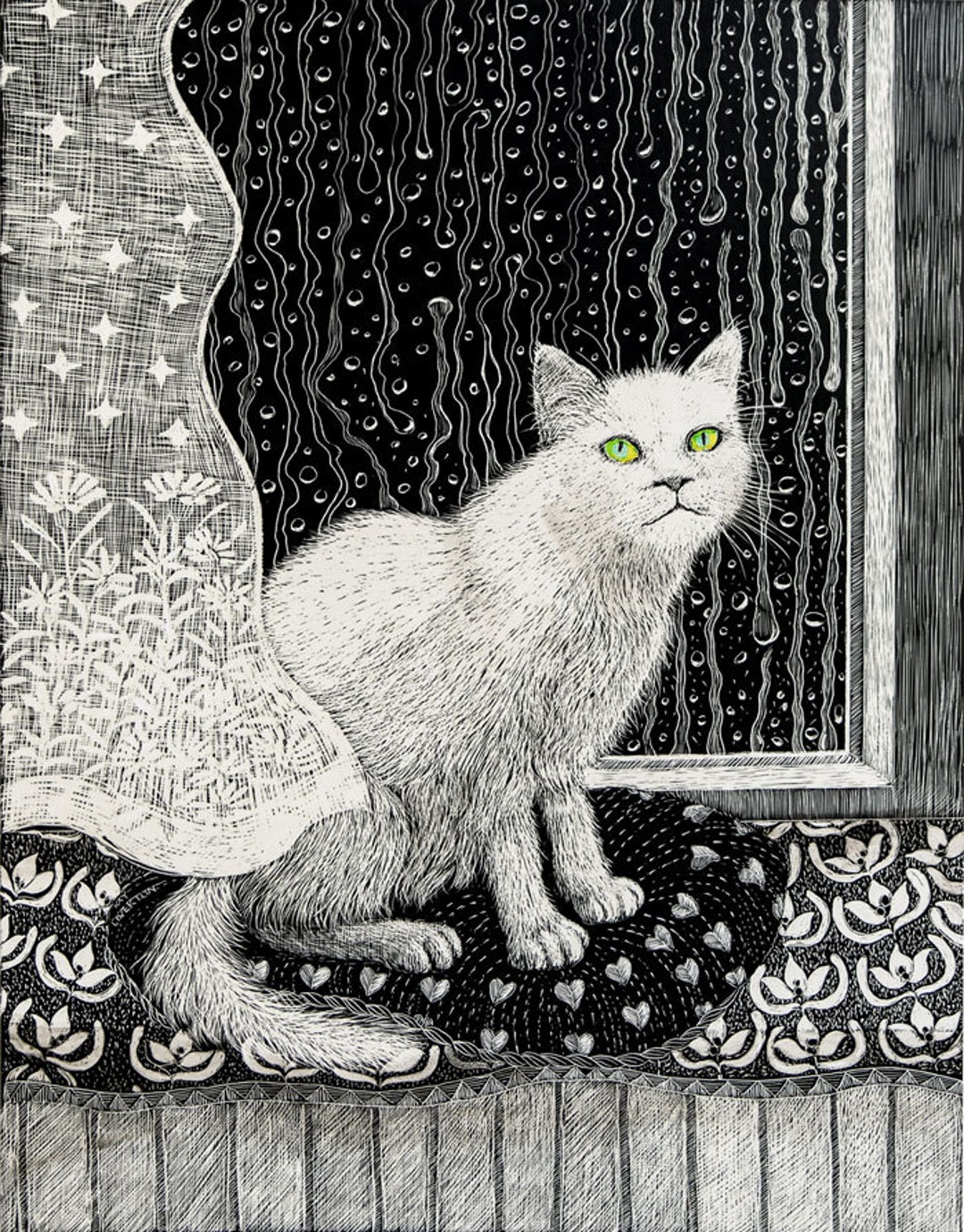 Art Print: White Cat on Cushion Art Print of Original Scraperboard - Etsy