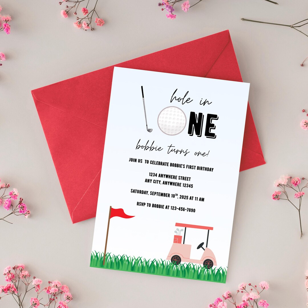 Hole in One First Birthday Invitation | Pink Golf Cart Birthday Party ...