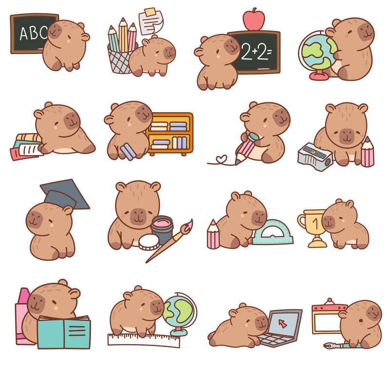 Capybara Back to School Clipart: Kawaii Animal PNG, PDF (digital ...