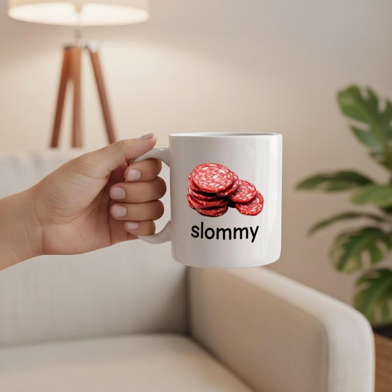 Funny Food Pun Coffee Mug, Salami Slices Graphic With "slommy" Text ...