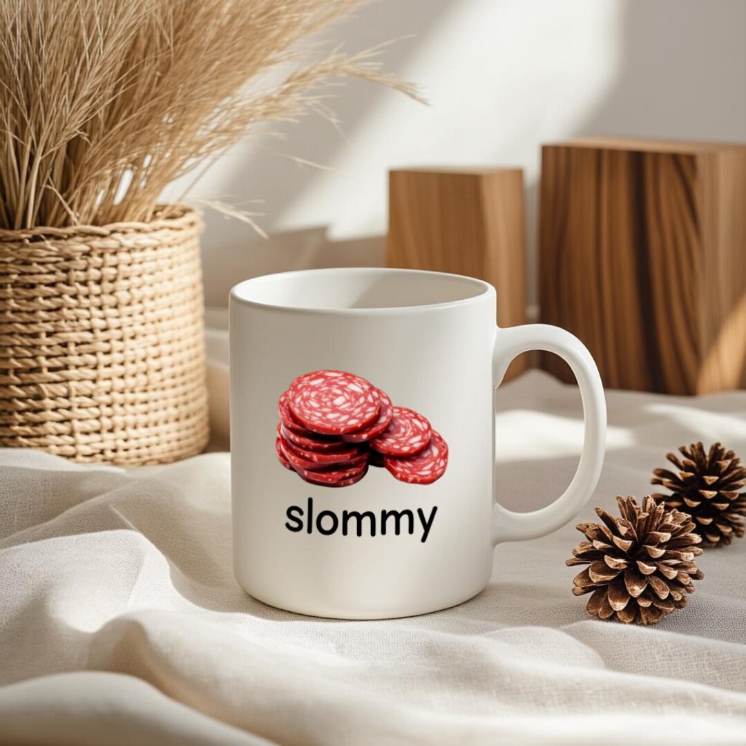 Funny Food Pun Coffee Mug, Salami Slices Graphic With "slommy" Text ...