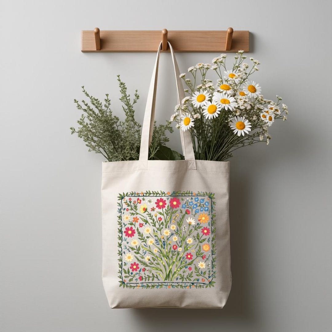 Floral Tote Bag, Wildflower Botanical Illustration Cotton-style Shopper ...