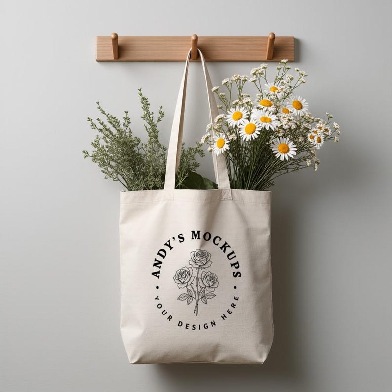 Canvas Tote Bag Mockup, White Shoulder Tote With Floral Logo Design ...