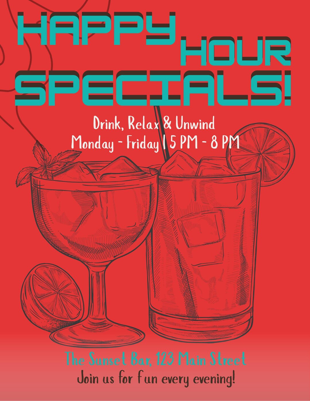 Editable Happy Hour Flyer Template – Canva, Bar Event, Drink Specials ...