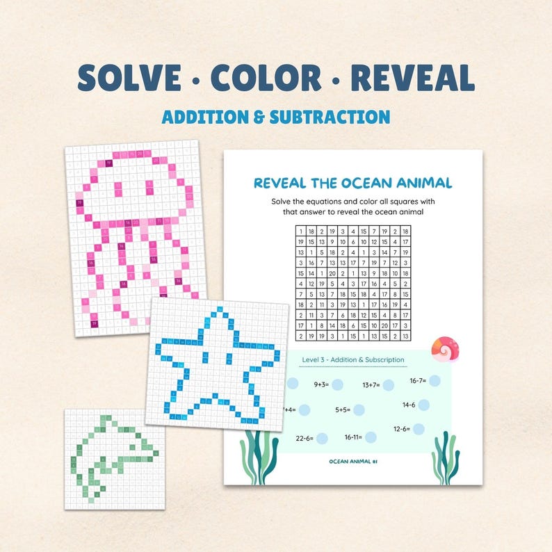 Math Color by Number | Ocean Animals Coloring | Addition & Subtraction ...