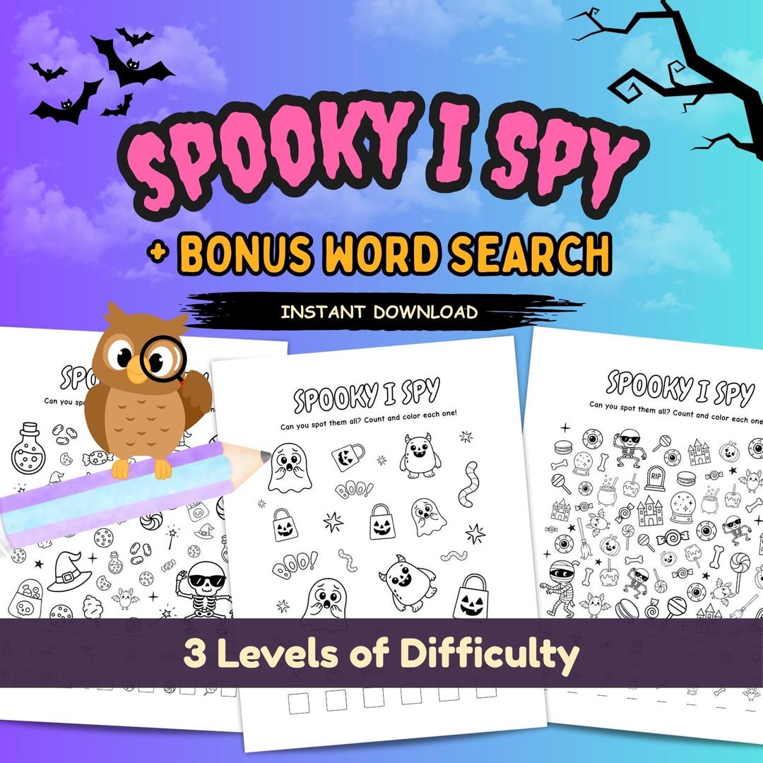 Halloween I Spy Activity: Coloring Pages + Bonus Word Search (ages 4–9 ...