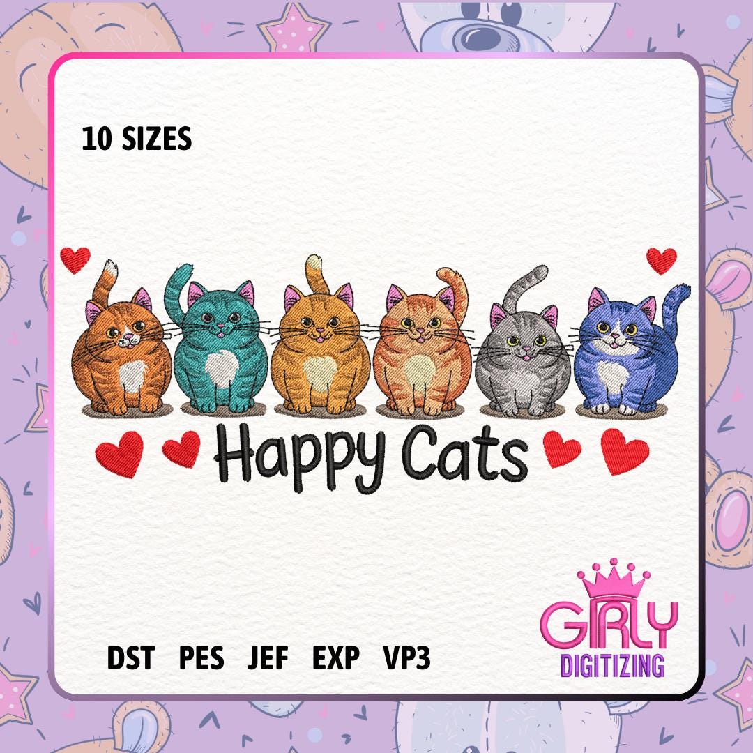 Happy Cats Embroidery Design – Cute Cat Machine Embroidery File ...