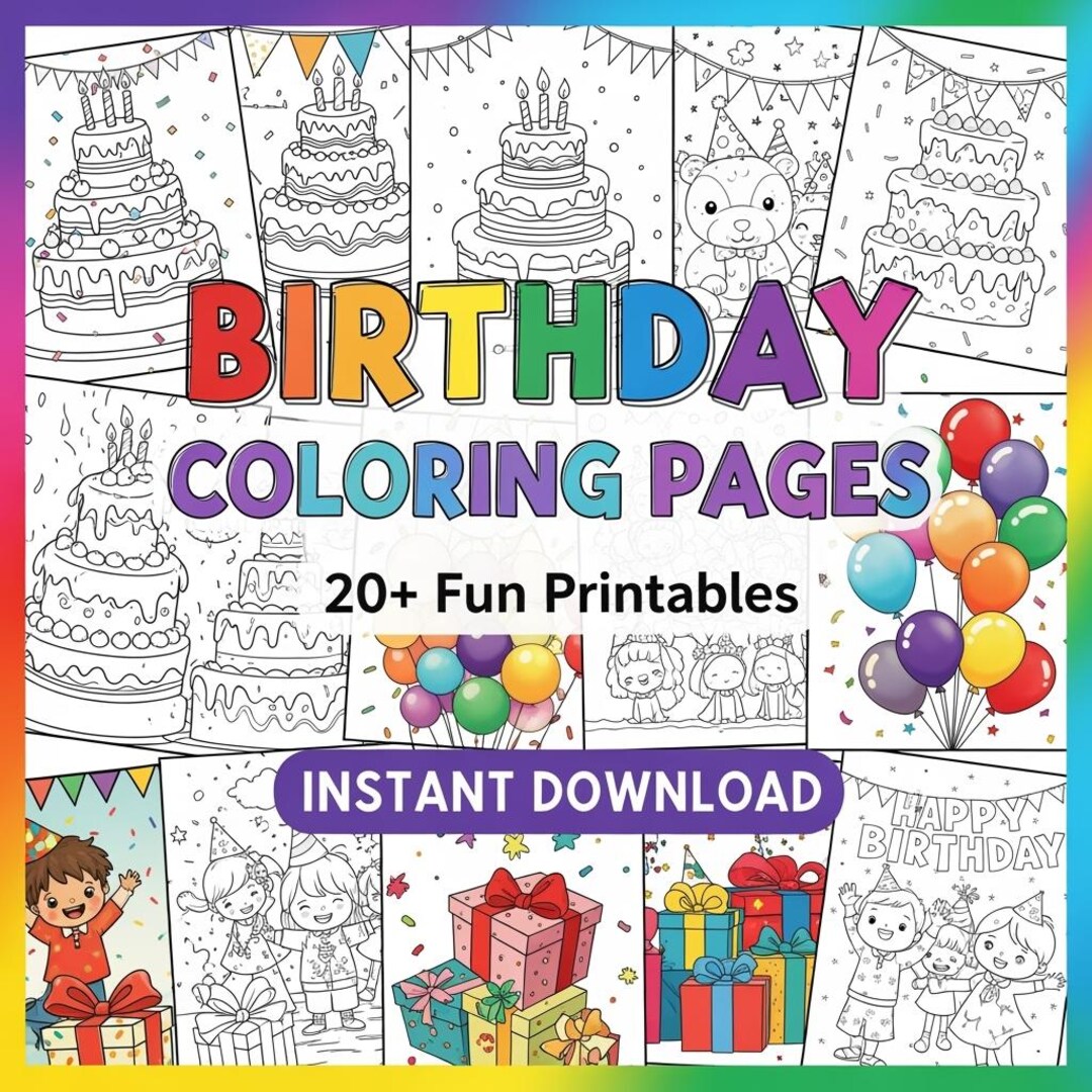 Kids Birthday Coloring Pages | Printable Party Activities | A4 Digital ...