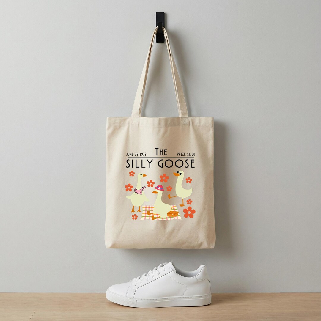 Silly Goose Canvas Tote Bag, Cute Goose Flower Illustration Bookish ...