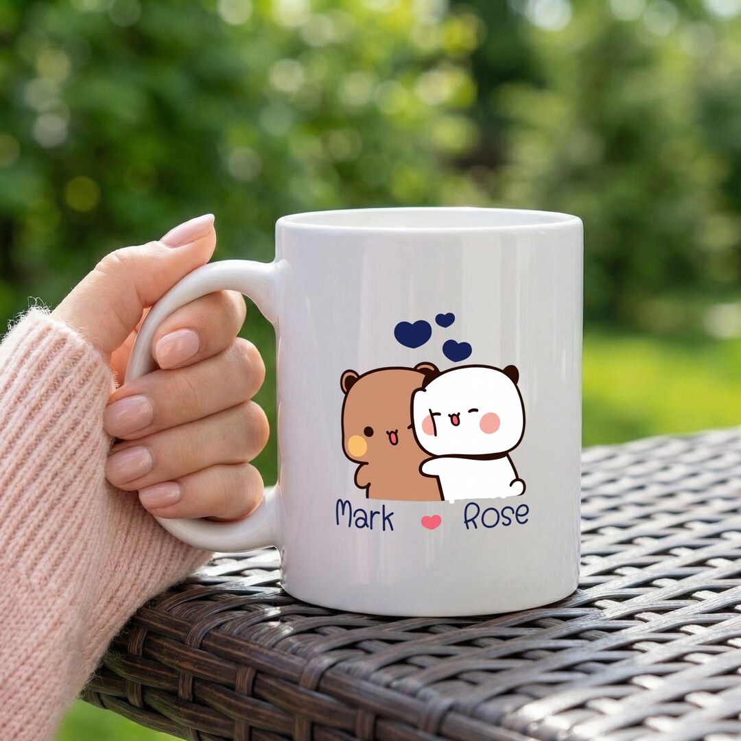 Cute Couple Hug Mug, Kawaii Bear & Bunny Personalized Names Coffee Cup ...