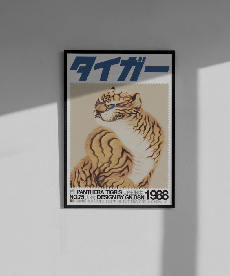 Japanese Tiger Print | Retro Blue Kanji Poster | Vintage Animal Wall ...