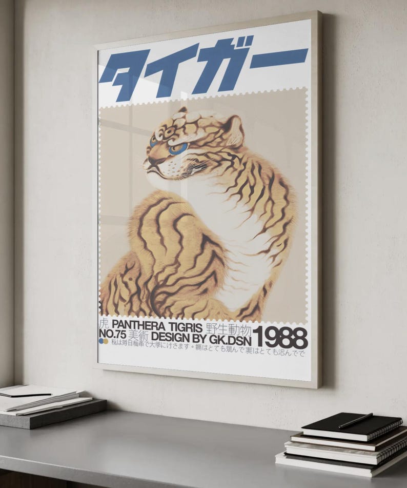 Japanese Tiger Print | Retro Blue Kanji Poster | Vintage Animal Wall ...