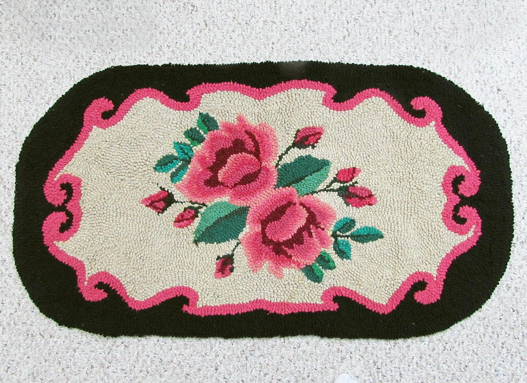 Vintage Hand Hooked Wool Rug - Oval 44 X 24 - Pink & Burgundy Flowers ...