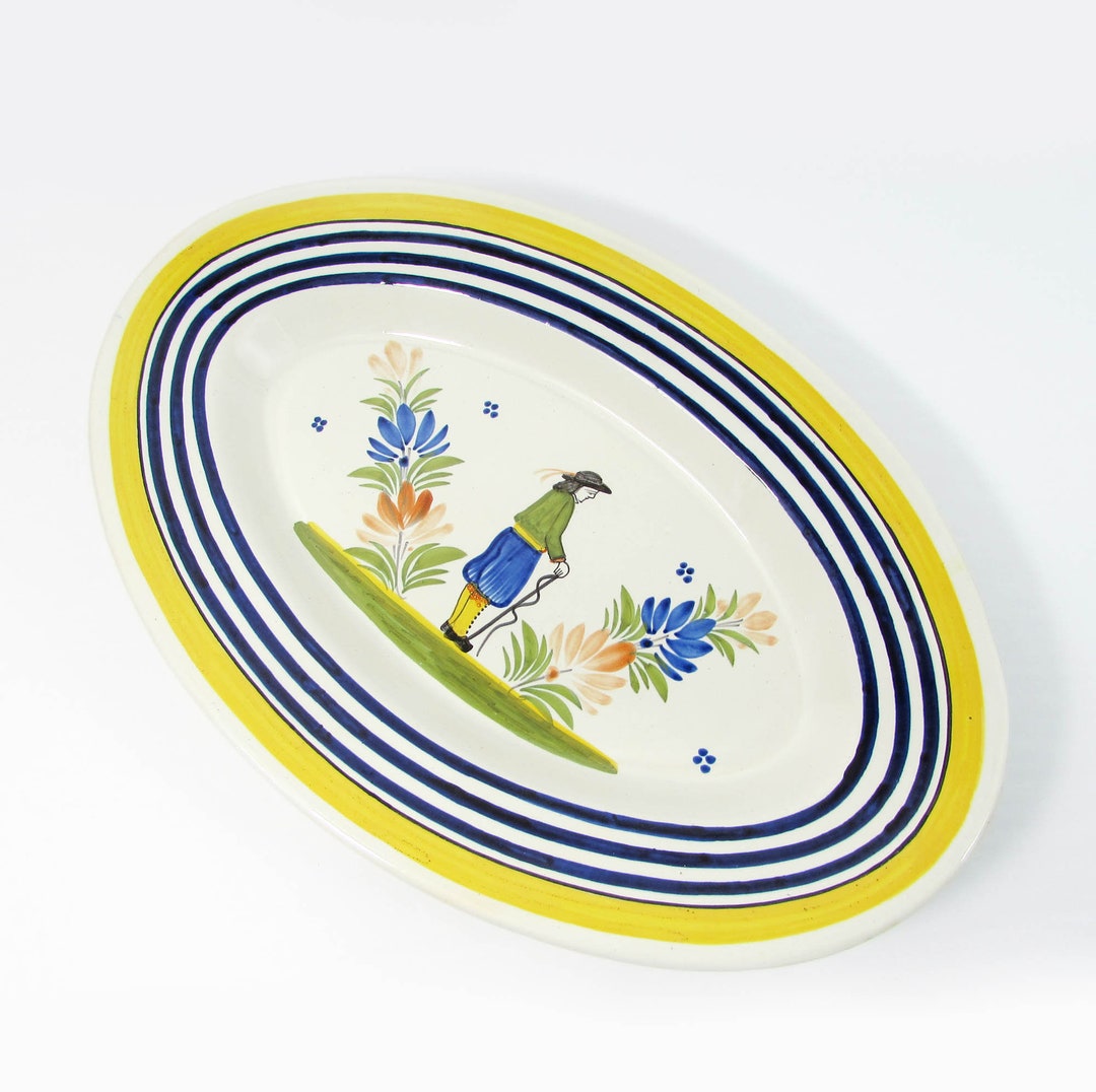 Vintage Quimper 15 Oval Platter, Folk Art Hand Painted Faience Breton ...
