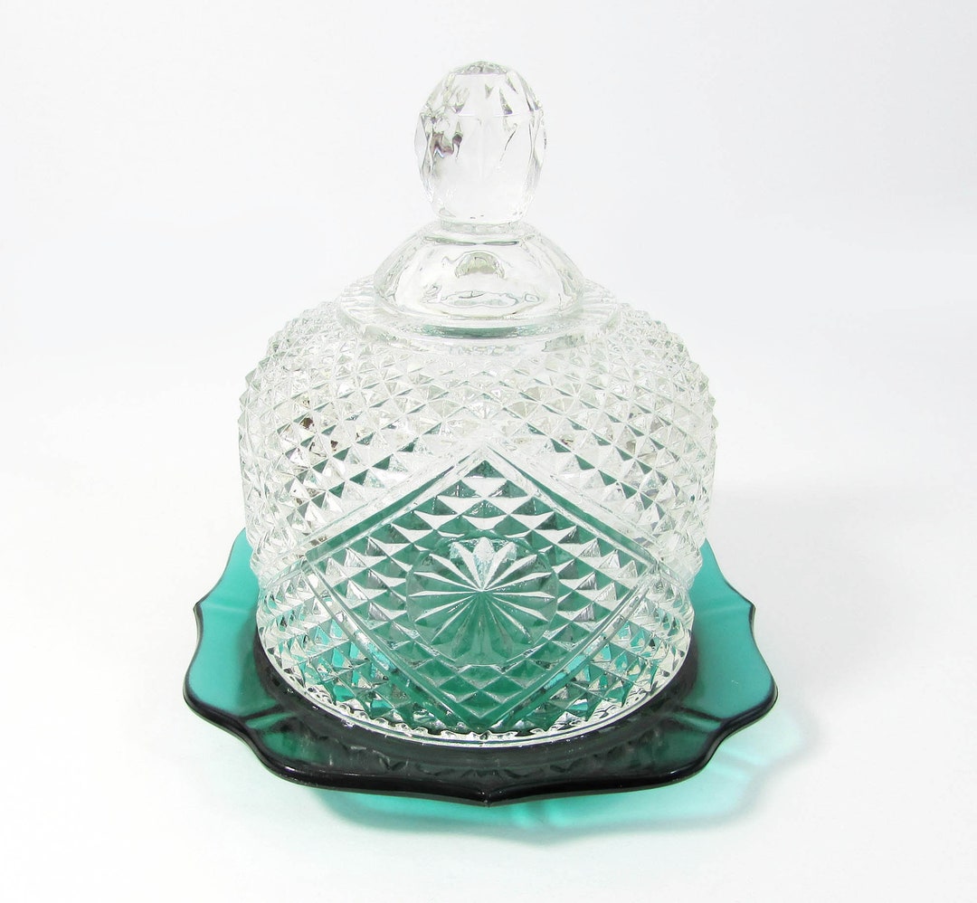 Vintage Pressed Glass Dome Butter Dish - Clear With Green Base - 5.25 ...
