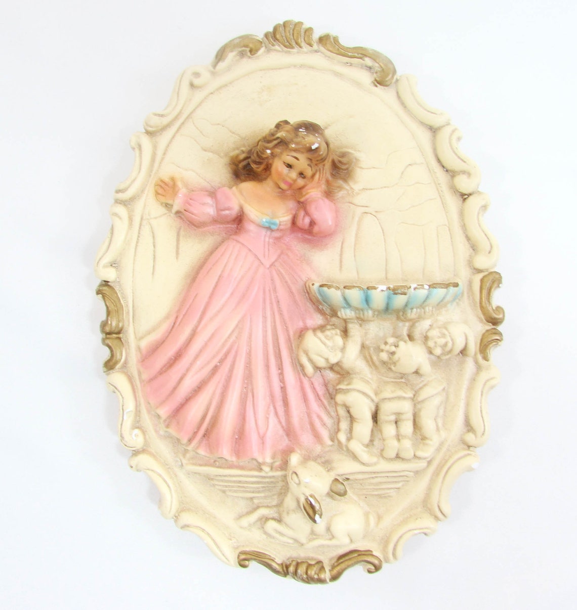 Vintage Oval Chalkware Plaques 8x6 Pink Girl With Dog and - Etsy
