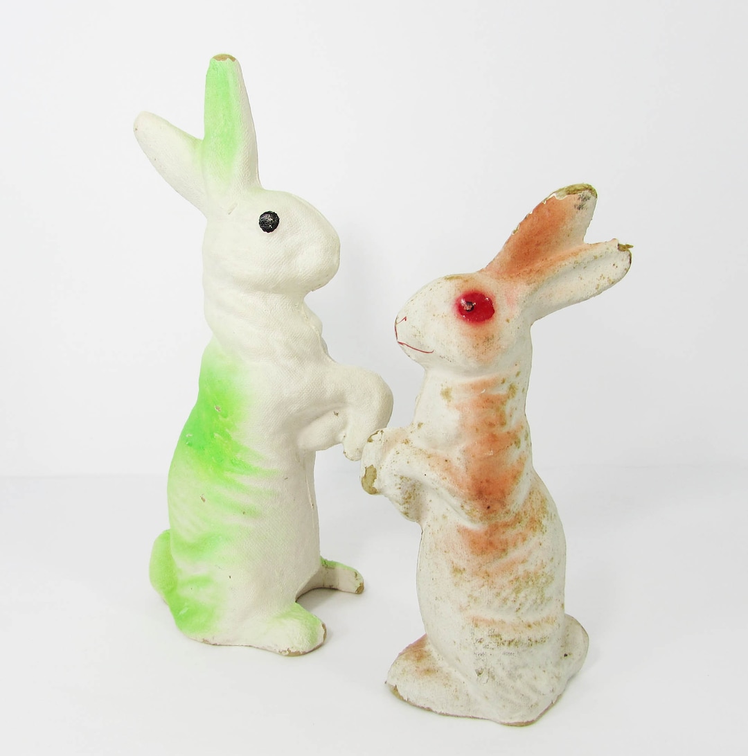 Vintage Paper Mache Rabbits Bunnies - 9 & 7 Inches Tall - Hand Painted ...