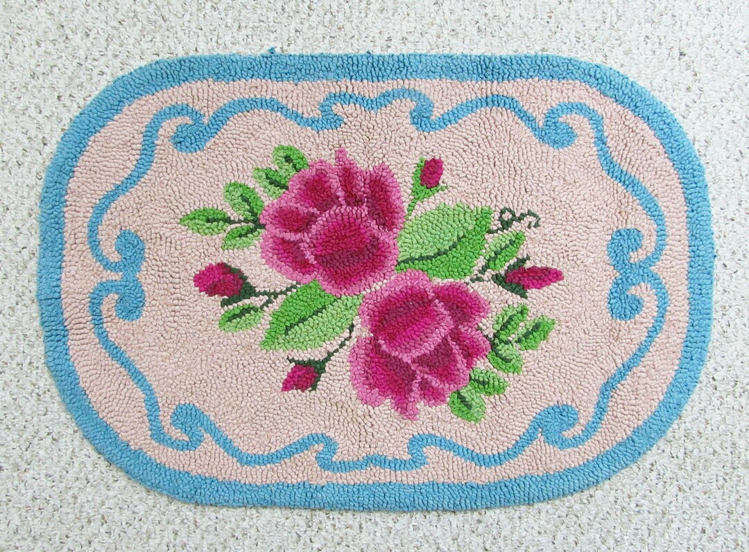 Vintage Hand Hooked Wool Rug Oval 37 X 24 Pink & Burgundy Flowers ...