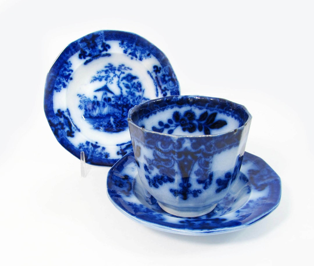 Antique Flow Blue Cup and Saucer Set: Amoy Davenport, England 1850 - Etsy