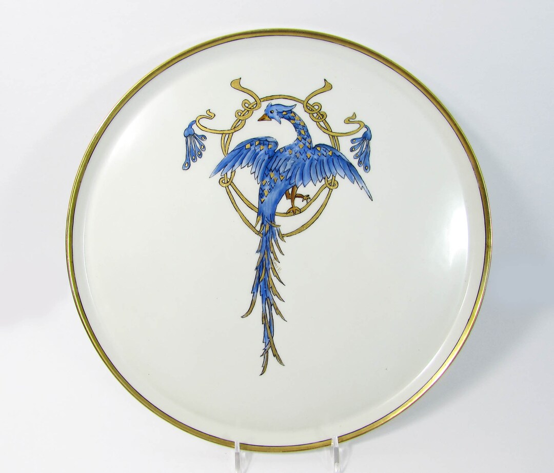 Antique 11 Platter Goa France Art Nouveau Bird Tray Gilt and Blue ...