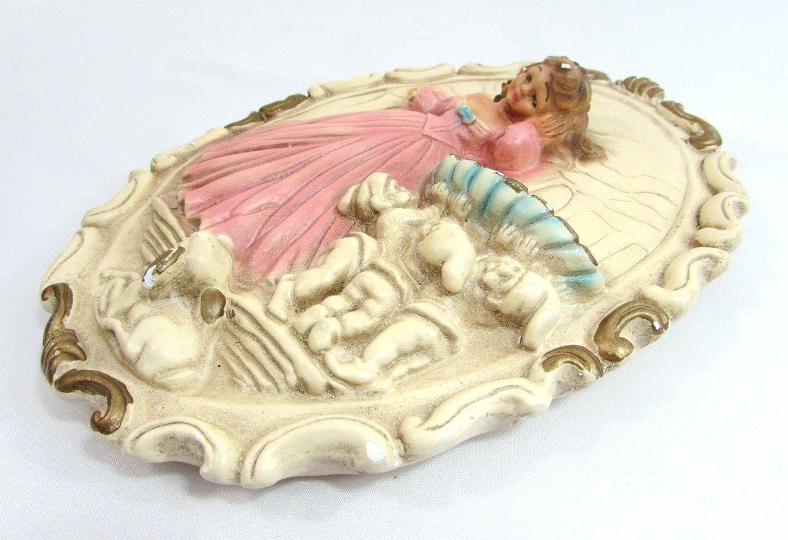Vintage Oval Chalkware Plaques 8x6 Pink Girl With Dog and - Etsy