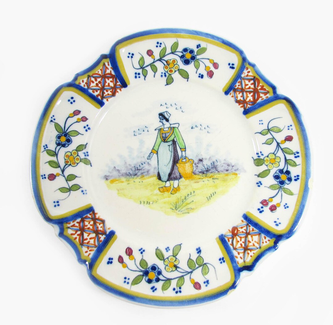French Quimper Water Maiden & Floral Plate - HB Quimper 222 Mark - Etsy