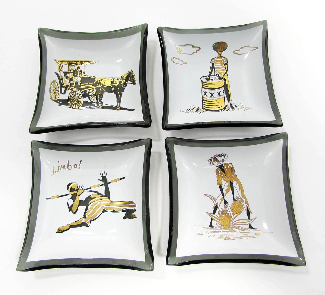 MCM Houze Caribbean Glass Trays: Black, White & Gold Miniature Scenes ...