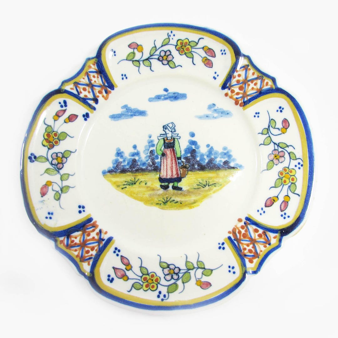 French Quimper Water Maiden & Floral Plate - HB Quimper Mark - Etsy