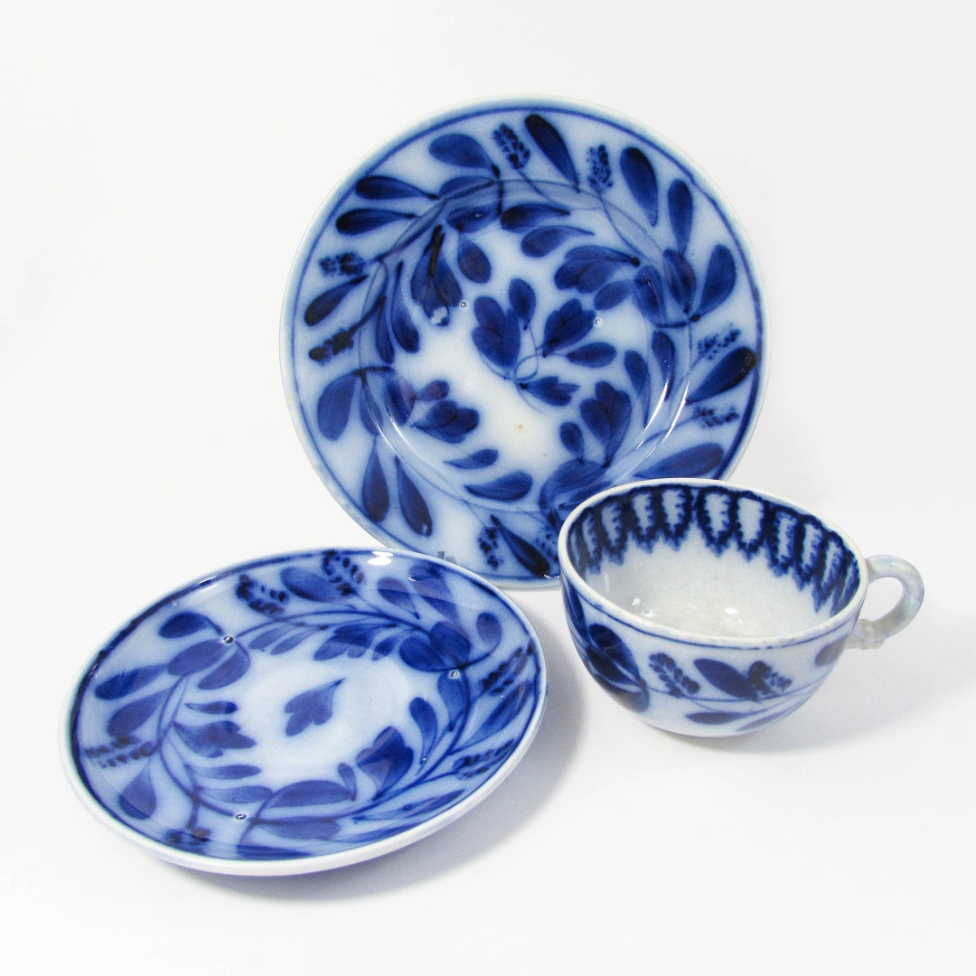Antique Flow Blue Ironstone Set: Spinach Leaf Pattern, 1840s Cup Saucer ...