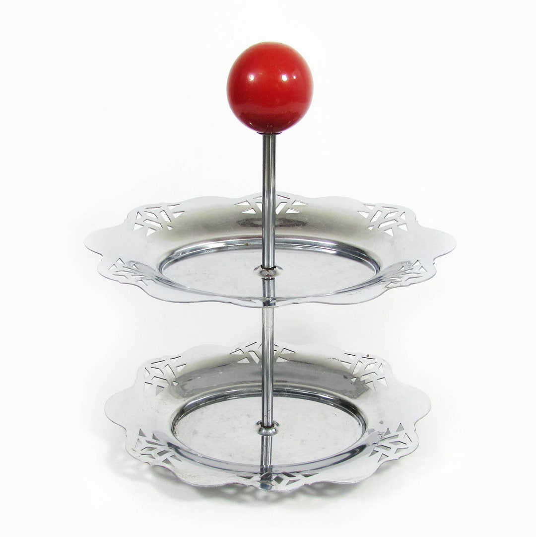 Vintage Mid Century Serving Tray: Chrome With Red Ball Handle - Etsy