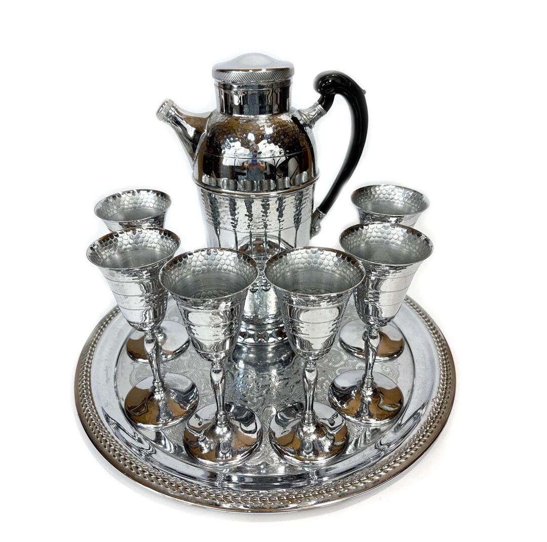 Art Deco Chrome Cocktail Set by Krome-kraft - Shaker & 6 Goblets on ...