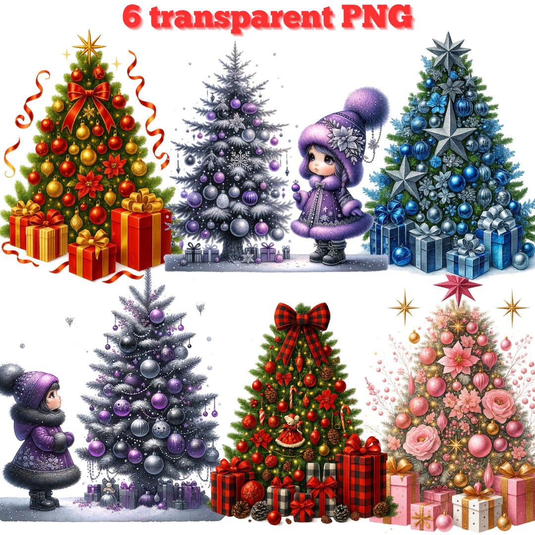 Christmas Tree PNG Bundle, Cute Girl Winter Clipart, 6 Transparent PNG ...