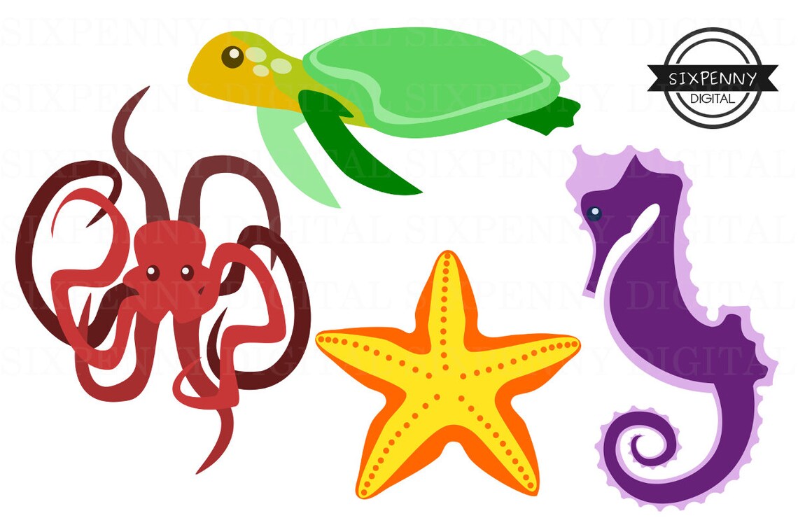 Sea Creatures Commercial Use Clipart Red Octopus Sea Turtle Yellow ...