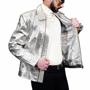 Italian Leather Silver Motorcycle Jacket: Embossed Design - Etsy