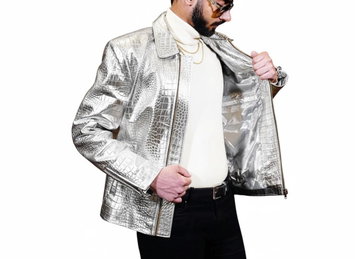 Italian Leather Silver Motorcycle Jacket: Embossed Design - Etsy