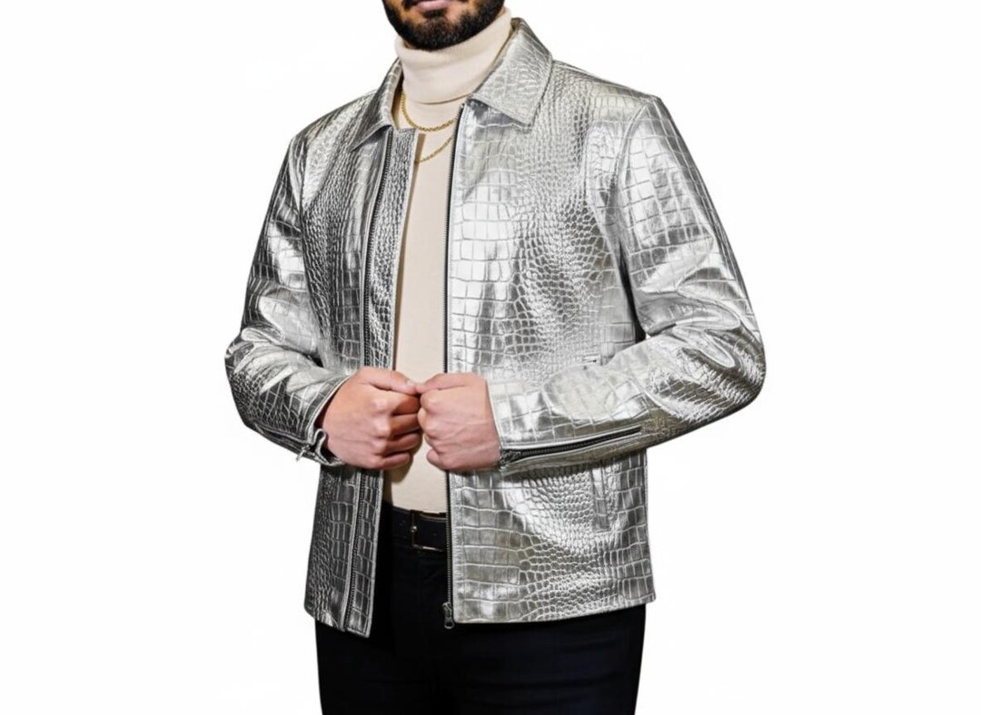 Italian Leather Silver Motorcycle Jacket: Embossed Design - Etsy