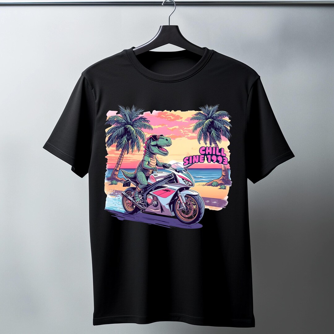 T-rex Motorcycle Beach Print | 90s Vaporwave Dinosaur Art (digital ...