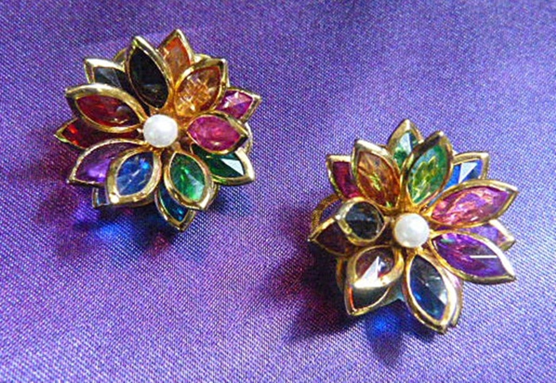 Vintage Crystal Multicolor Floral Earrings - V-EAR-619 - Flower ...