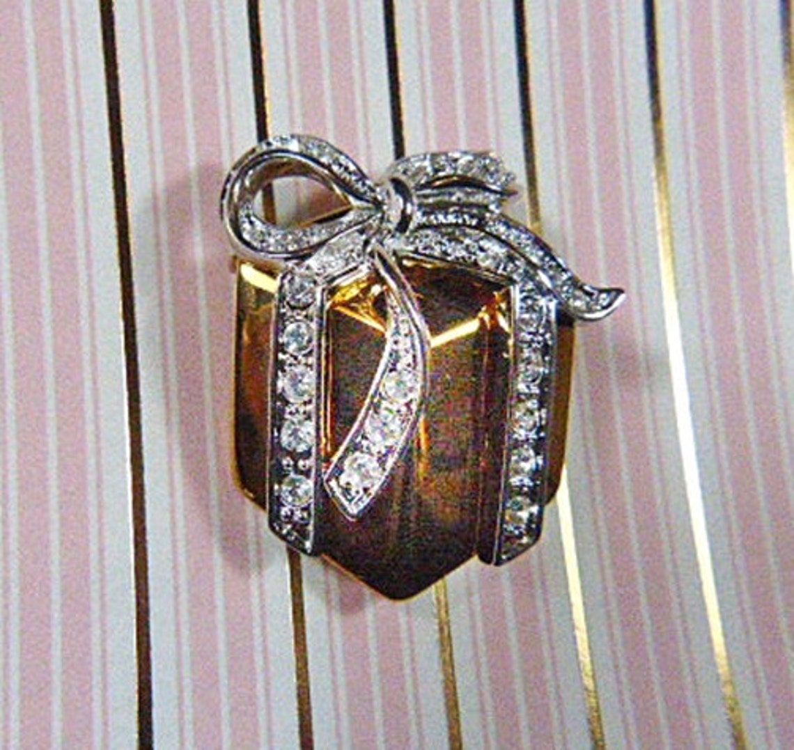 Vintage Gold and Rhinestone gift Box Brooch Signed - Etsy