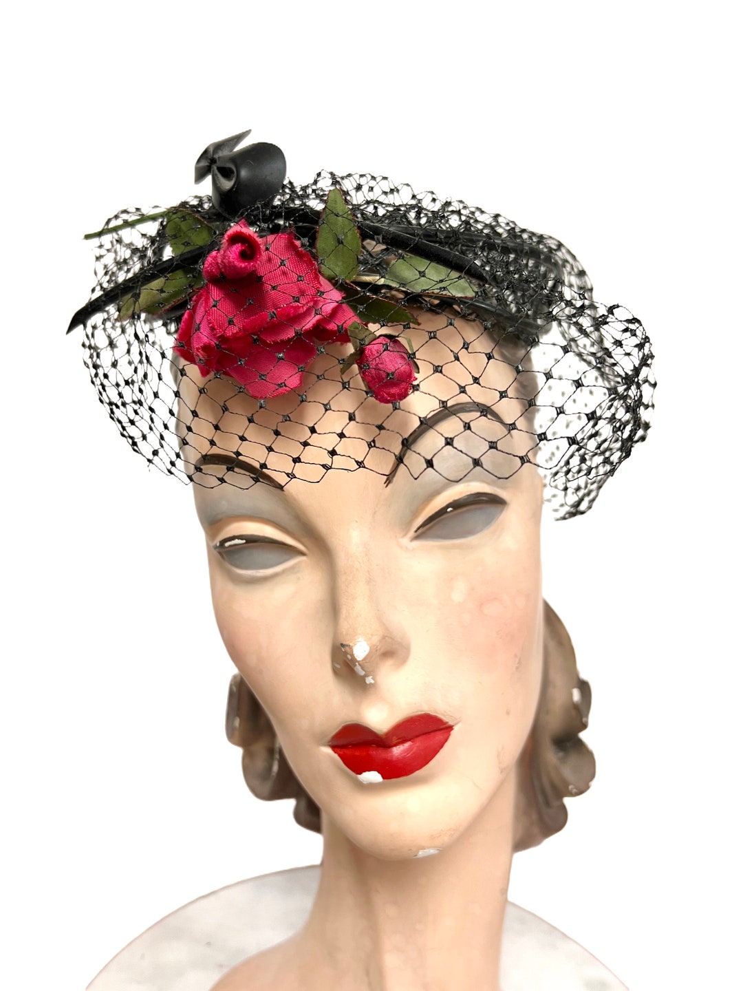 Mr. John Demi Chapeaux Black Net Hat Church Cocktail Red Rose 1950s - Etsy