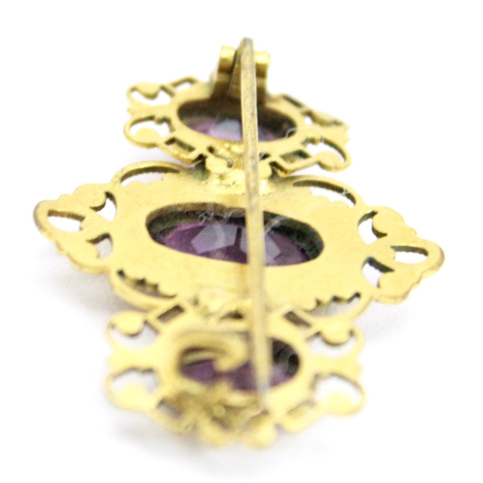 Victorian Neck Brooch 3 Amethyst Stones Bezel Set Ornate Gold Wash ...