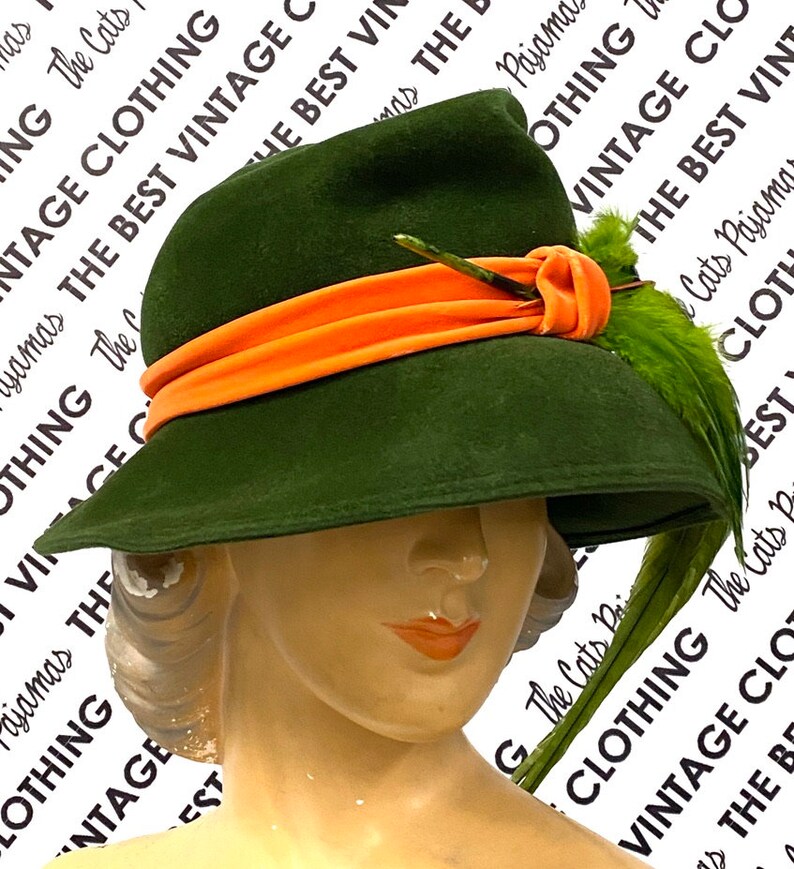 Vtg Winner Hat Church Green Fur Felt Orange Trim Bucket Feathers MCM - Etsy