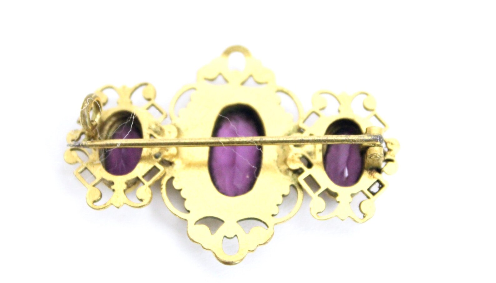 Victorian Neck Brooch 3 Amethyst Stones Bezel Set Ornate Gold Wash ...