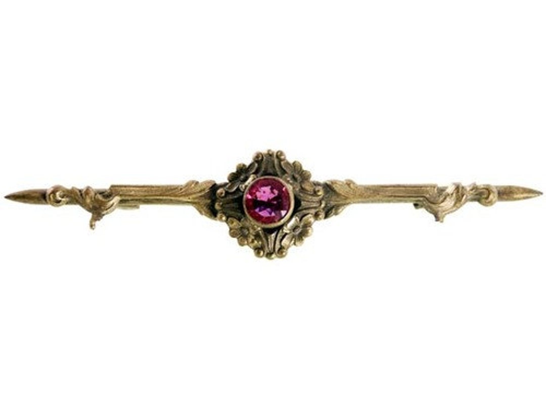 Antique Brass Pin / Vintage Brooch With Pink (ruby Color) Stone ...