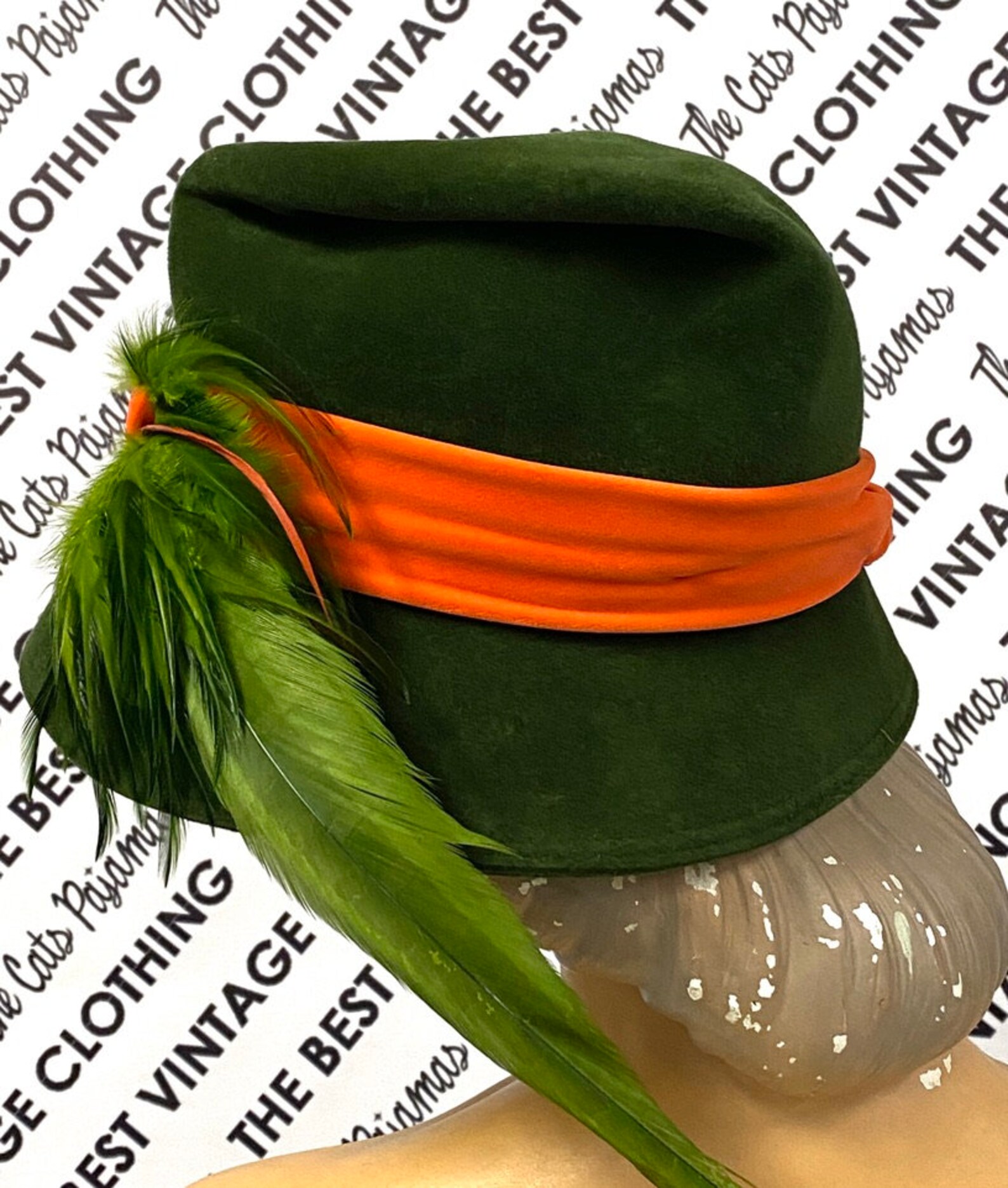 Vtg Winner Hat Church Green Fur Felt Orange Trim Bucket Feathers MCM - Etsy