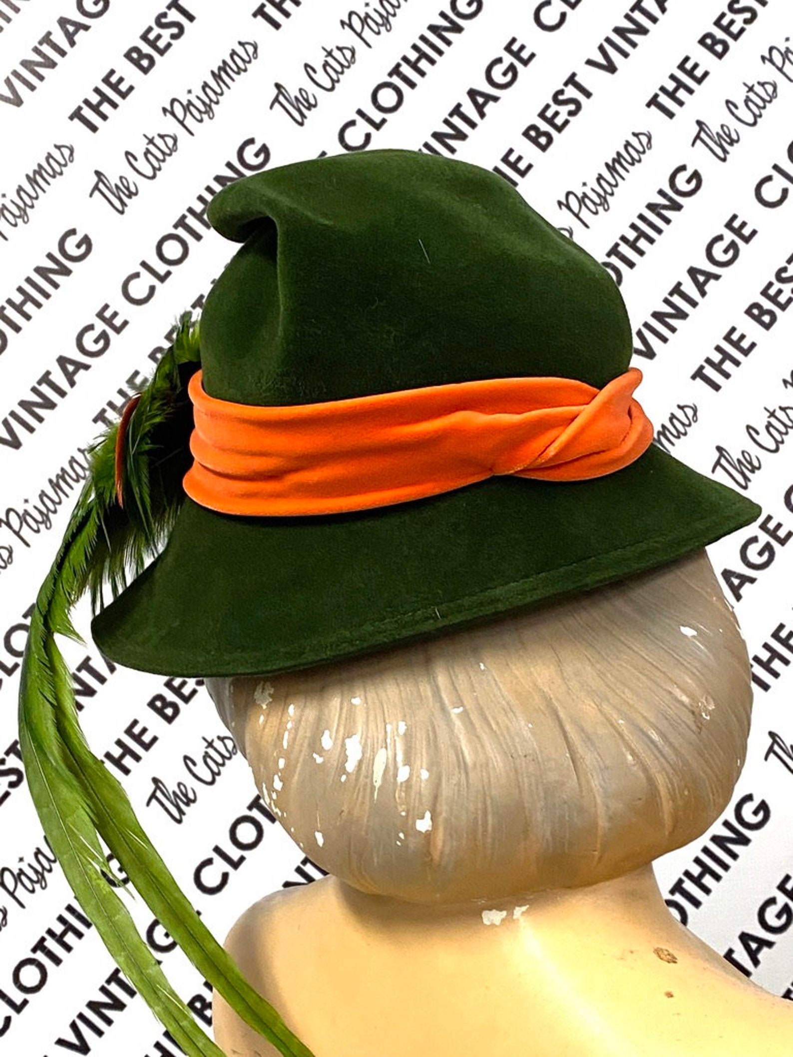 Vtg Winner Hat Church Green Fur Felt Orange Trim Bucket Feathers MCM - Etsy