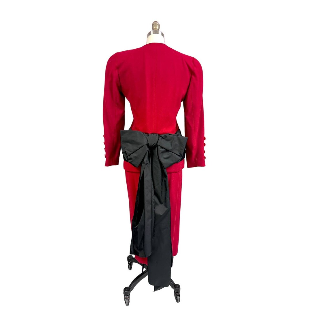 80s Mob Wife VTG Dramatic Red Wool Skirt Suit W/ Large Black Bustle Bow ...