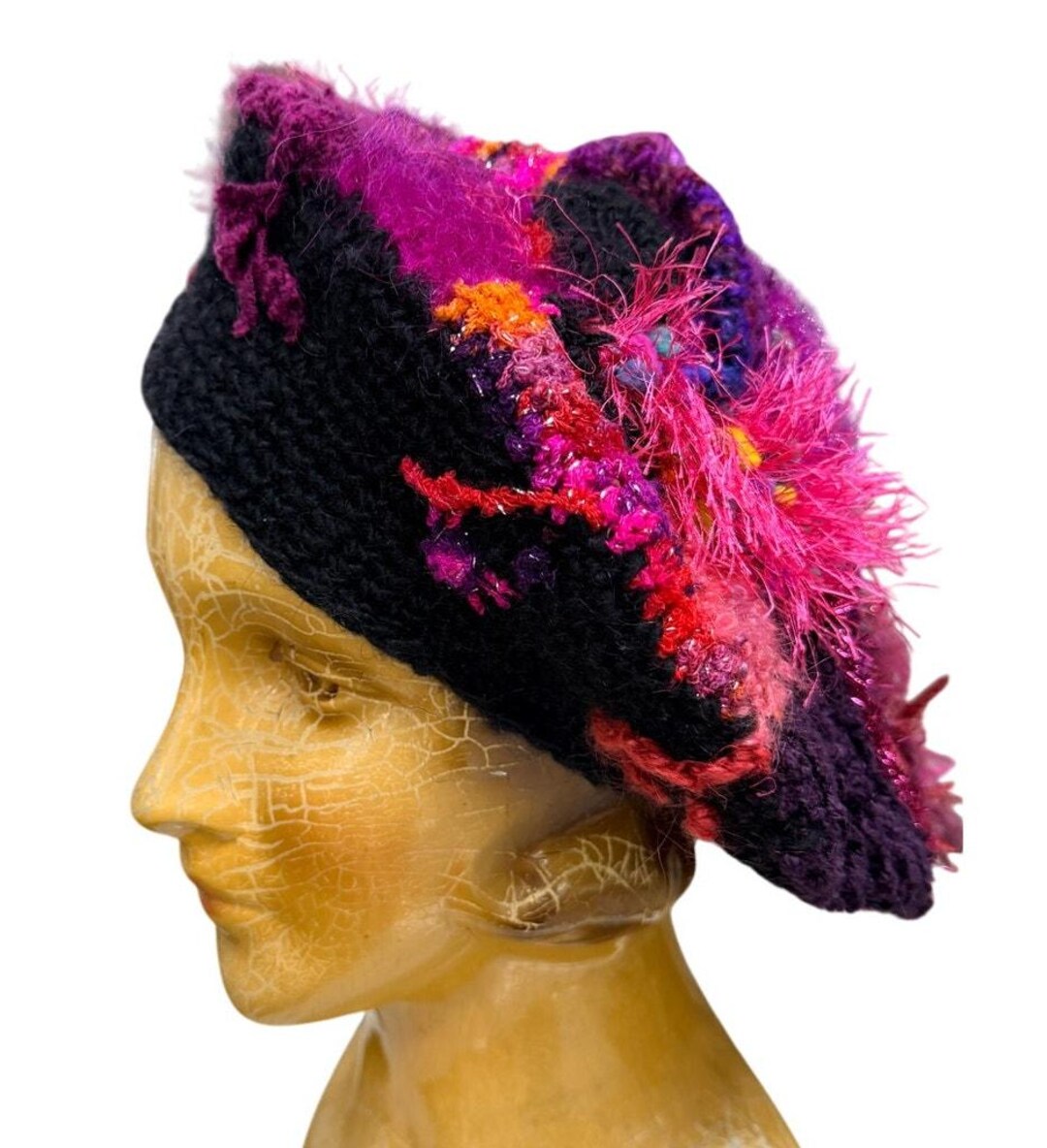 Vintage 90s Knit Art Beret: Janet Spear Patchwork Yarn, Boho Statement ...